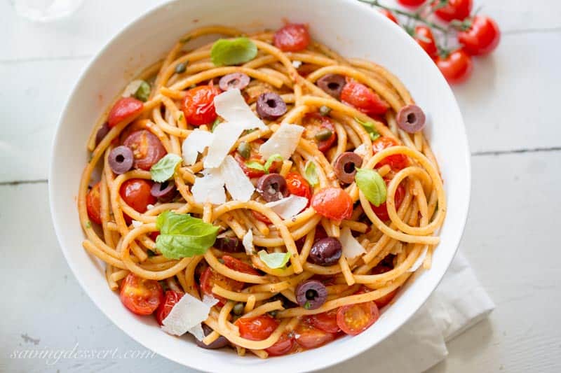 Bucatini Puttanesca ~ Spicy One-Pot Pasta - Saving Room for Dessert